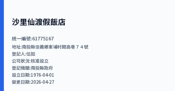 沙里仙渡假飯店的照片-統編 61775167(南投縣) 公司登記資料與營業項目詳細圖表