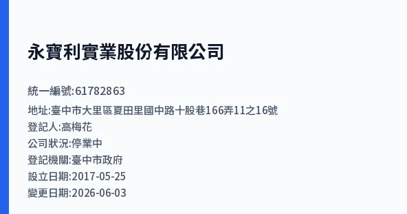 永寶利實業股份有限公司的照片-統編 61782863(臺中市) 公司登記資料與營業項目詳細圖表
