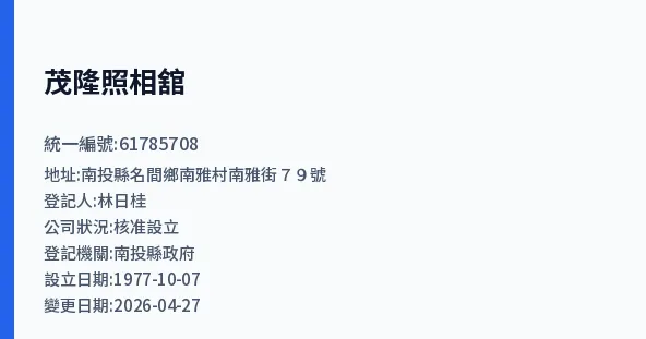 茂隆照相舘的照片-統編 61785708(南投縣) 公司登記資料與營業項目詳細圖表