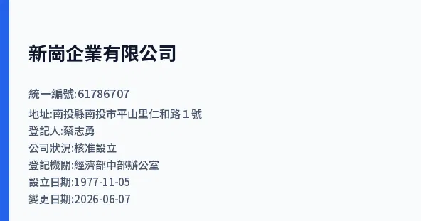 新崗企業有限公司的照片-統編 61786707(南投縣) 公司登記資料與營業項目詳細圖表