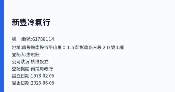 新豐冷氣行的照片-統編 61788114(南投縣) 公司登記資料與營業項目詳細圖表
