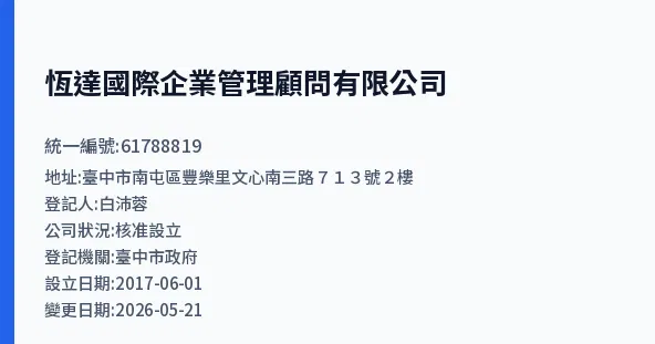 恆達國際企業管理顧問有限公司的照片-統編 61788819(臺中市) 公司登記資料與營業項目詳細圖表