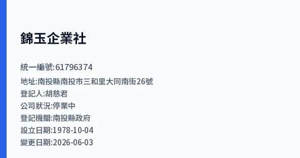 錦玉企業社的照片-統編 61796374(南投縣) 公司登記資料與營業項目詳細圖表