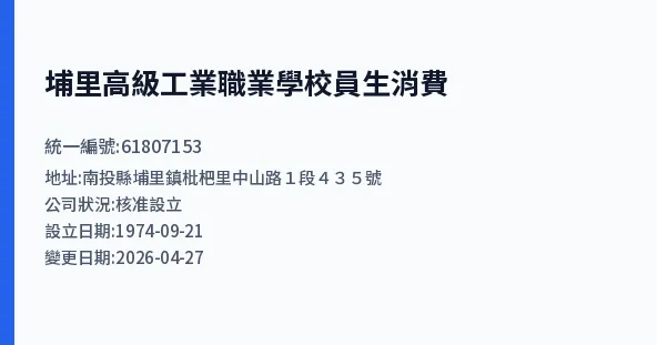 埔里高級工業職業學校員生消費的照片-統編 61807153(南投縣) 公司登記資料與營業項目詳細圖表