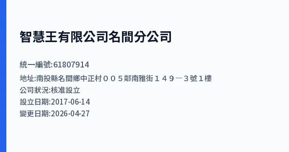 智慧王有限公司名間分公司的照片-統編 61807914(南投縣) 公司登記資料與營業項目詳細圖表
