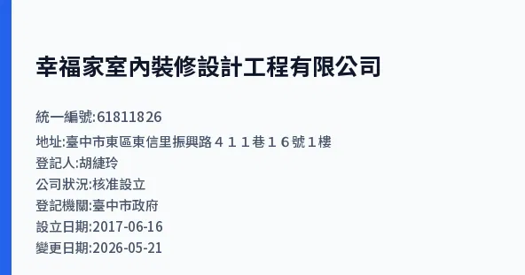 幸福家室內裝修設計工程有限公司的照片-統編 61811826(臺中市) 公司登記資料與營業項目詳細圖表