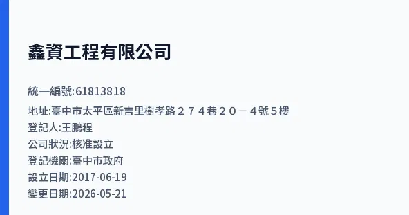 鑫資工程有限公司的照片-統編 61813818(臺中市) 公司登記資料與營業項目詳細圖表