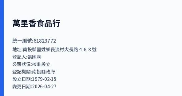萬里香食品行的照片-統編 61823772(南投縣) 公司登記資料與營業項目詳細圖表