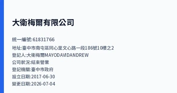 大衛梅爾有限公司的照片-統編 61831766(臺中市) 公司登記資料與營業項目詳細圖表