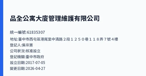 品全公寓大廈管理維護有限公司的照片-統編 61835307(臺中市) 公司登記資料與營業項目詳細圖表