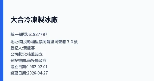 大合冷凍製冰廠的照片-統編 61837797(南投縣) 公司登記資料與營業項目詳細圖表