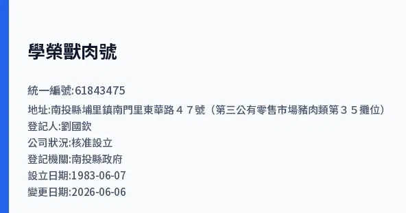 學榮獸肉號的照片-統編 61843475(南投縣) 公司登記資料與營業項目詳細圖表