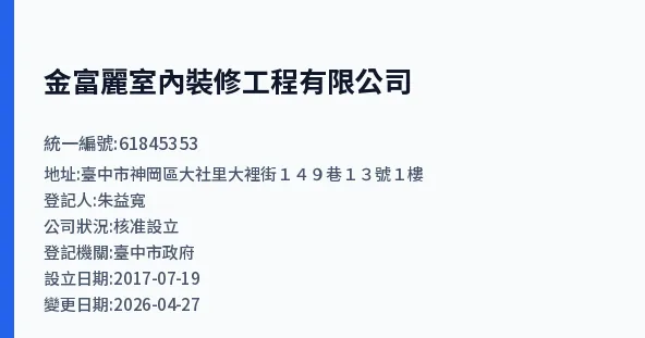 金富麗室內裝修工程有限公司的照片-統編 61845353(臺中市) 公司登記資料與營業項目詳細圖表