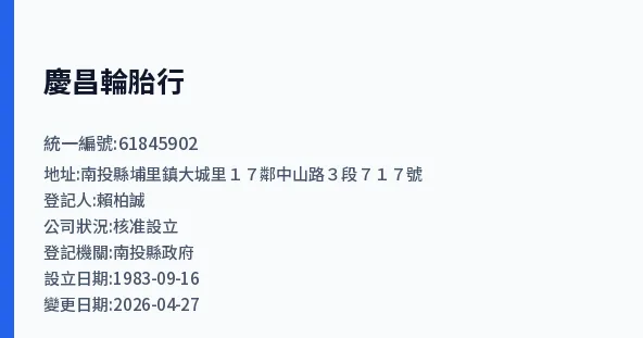 慶昌輪胎行的照片-統編 61845902(南投縣) 公司登記資料與營業項目詳細圖表