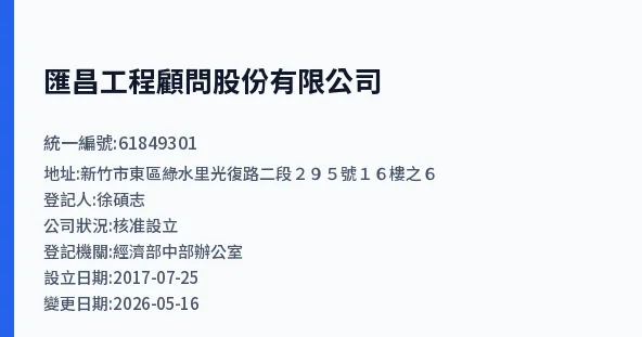 匯昌工程顧問股份有限公司的照片-統編 61849301(新竹市) 公司登記資料與營業項目詳細圖表
