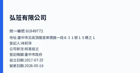 弘蒞有限公司的照片-統編 61849772(臺中市) 公司登記資料與營業項目詳細圖表