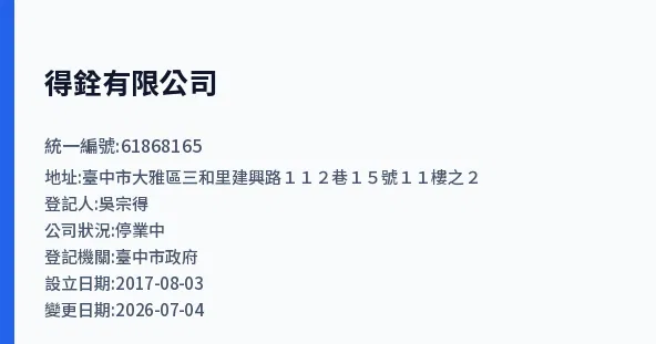 得銓有限公司的照片-統編 61868165(臺中市) 公司登記資料與營業項目詳細圖表