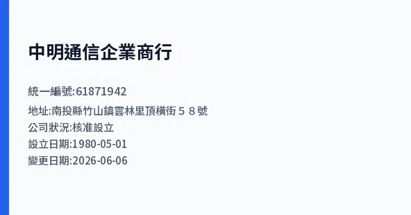 中明通信企業商行的照片-統編 61871942(南投縣) 公司登記資料與營業項目詳細圖表