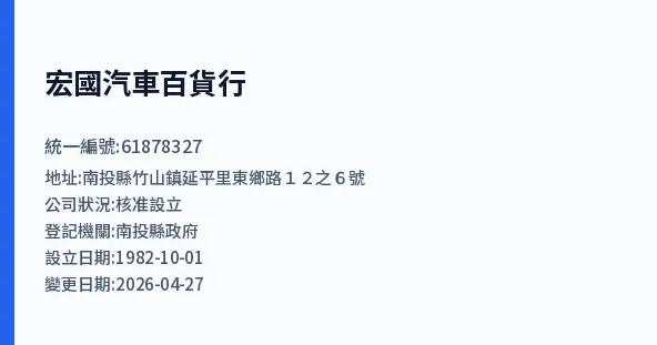 宏國汽車百貨行的照片-統編 61878327(南投縣) 公司登記資料與營業項目詳細圖表