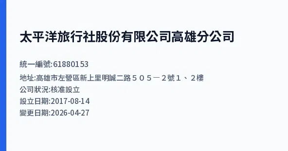 太平洋旅行社股份有限公司高雄分公司的照片-統編 61880153(高雄市) 公司登記資料與營業項目詳細圖表