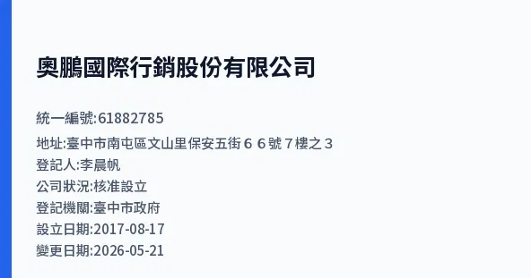 奧鵬國際行銷股份有限公司的照片-統編 61882785(臺中市) 公司登記資料與營業項目詳細圖表