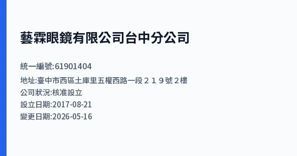 藝霖眼鏡有限公司台中分公司的照片-統編 61901404(臺中市) 公司登記資料與營業項目詳細圖表