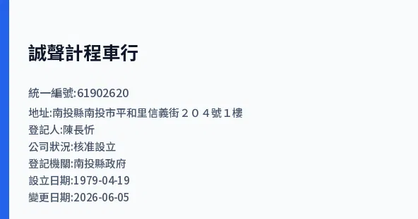 誠聲計程車行的照片-統編 61902620(南投縣) 公司登記資料與營業項目詳細圖表