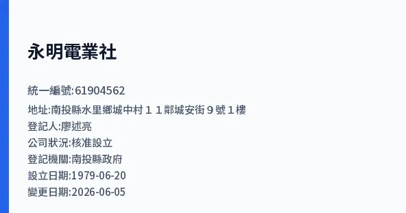 永明電業社的照片-統編 61904562(南投縣) 公司登記資料與營業項目詳細圖表