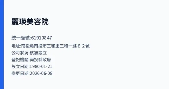 麗瑛美容院的照片-統編 61910847(南投縣) 公司登記資料與營業項目詳細圖表