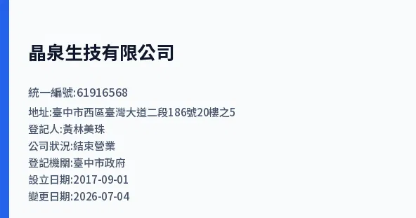 晶泉生技有限公司的照片-統編 61916568(臺中市) 公司登記資料與營業項目詳細圖表