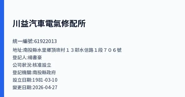 川益汽車電氣修配所的照片-統編 61922013(南投縣) 公司登記資料與營業項目詳細圖表