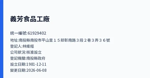 義芳食品工廠的照片-統編 61929402(南投縣) 公司登記資料與營業項目詳細圖表