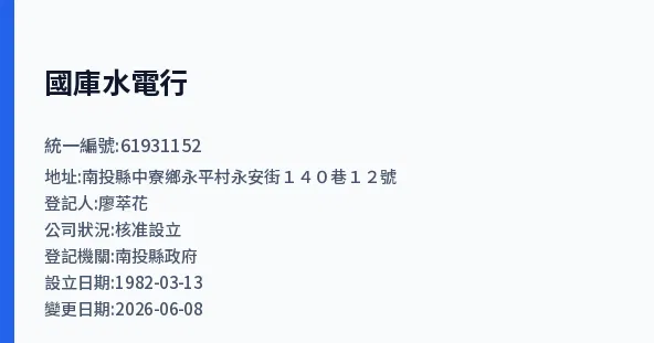 國庫水電行的照片-統編 61931152(南投縣) 公司登記資料與營業項目詳細圖表