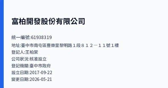 富柏開發股份有限公司的照片-統編 61938319(臺中市) 公司登記資料與營業項目詳細圖表