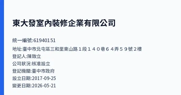 東大發室內裝修企業有限公司的照片-統編 61940151(臺中市) 公司登記資料與營業項目詳細圖表