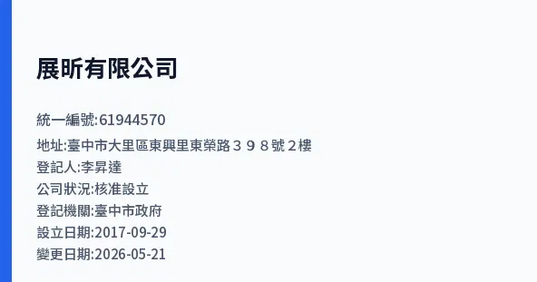 展昕有限公司的照片-統編 61944570(臺中市) 公司登記資料與營業項目詳細圖表
