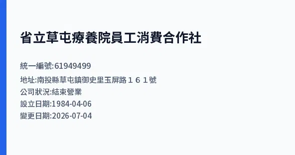 省立草屯療養院員工消費合作社的照片-統編 61949499(南投縣) 公司登記資料與營業項目詳細圖表