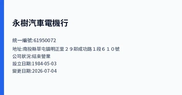 永樹汽車電機行的照片-統編 61950072(南投縣) 公司登記資料與營業項目詳細圖表