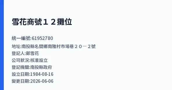 雪花商號12攤位的照片-統編 61952780(南投縣) 公司登記資料與營業項目詳細圖表