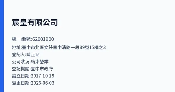宸皇有限公司的照片-統編 62001900(臺中市) 公司登記資料與營業項目詳細圖表