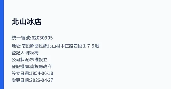北山冰店的照片-統編 62030905(南投縣) 公司登記資料與營業項目詳細圖表