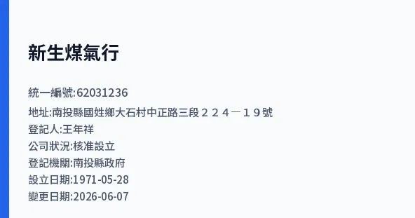 新生煤氣行的照片-統編 62031236(南投縣) 公司登記資料與營業項目詳細圖表