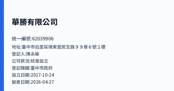 華勝有限公司的照片-統編 62039906(臺中市) 公司登記資料與營業項目詳細圖表