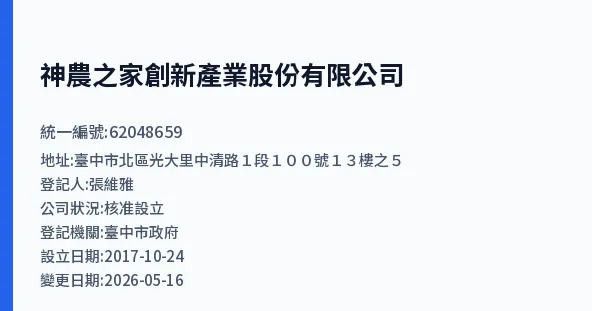 神農之家創新產業股份有限公司的照片-統編 62048659(臺中市) 公司登記資料與營業項目詳細圖表