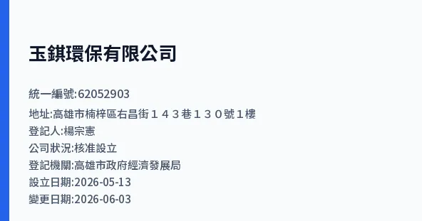玉錤環保有限公司的照片-統編 62052903(高雄市) 公司登記資料與營業項目詳細圖表