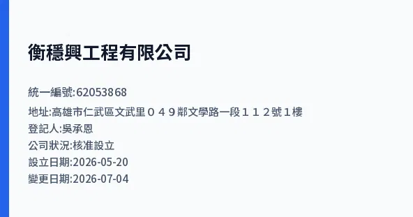衡穩興工程有限公司的照片-統編 62053868(高雄市) 公司登記資料與營業項目詳細圖表