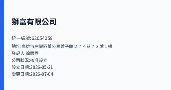 獅富有限公司的照片-統編 62054058(高雄市) 公司登記資料與營業項目詳細圖表