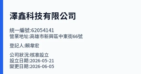 澤鑫科技有限公司的照片-統編 62054141(高雄市) 公司登記資料與營業項目詳細圖表
