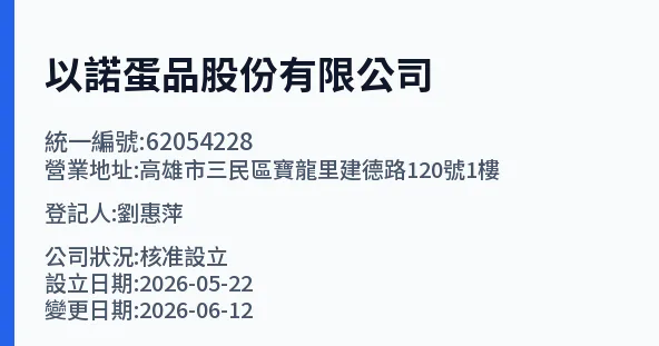以諾蛋品股份有限公司的照片-統編 62054228(高雄市) 公司登記資料與營業項目詳細圖表
