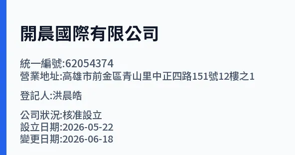 開晨國際有限公司的照片-統編 62054374(高雄市) 公司登記資料與營業項目詳細圖表